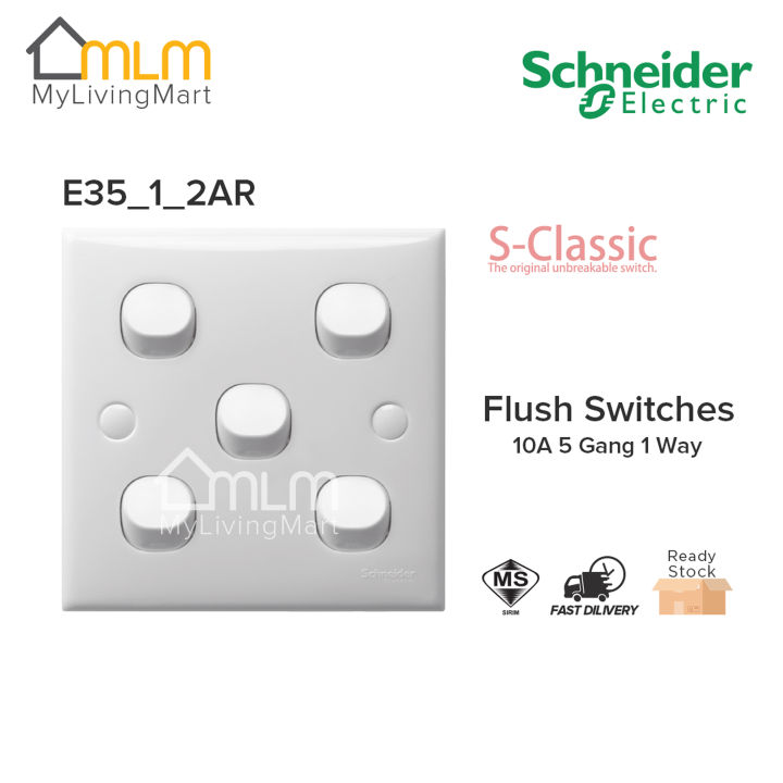 Schneider S-Classic Clipsal Flush Switch 10A 5 Gang 1 Way White SIRIM ...