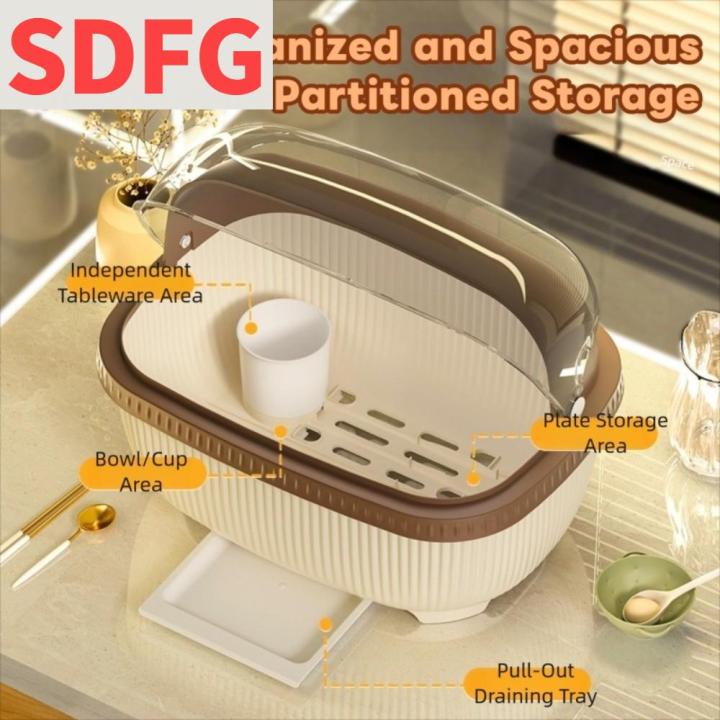 SDFG ป้องกันฝุ่น ที่คว่ำจานพร้อมฝาปิด ความจุขนาดใหญ่ พลาสติก ชั้นวาง ...