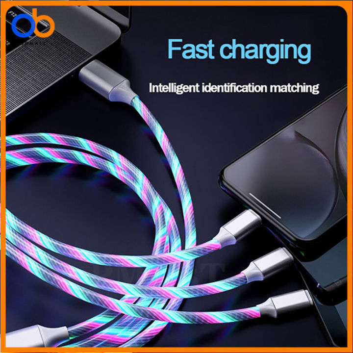3 in 1 Fast Charger Flowing Colors LED Glow Usb Cable Quick Charge ...