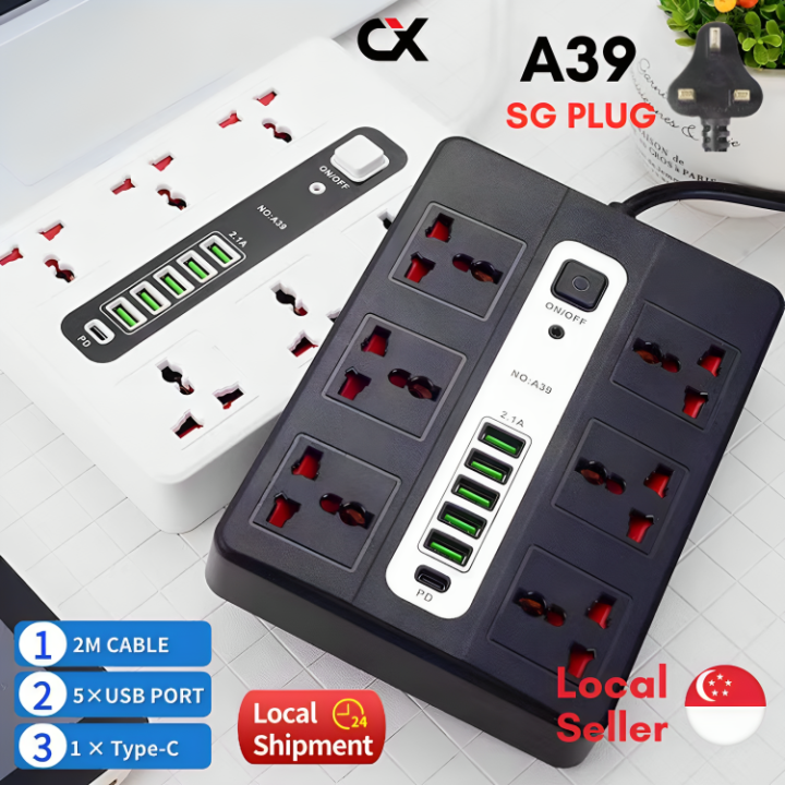 Power Socket with UK 3 Pin + 6 USB Fast Charger 250V/2500W/10A ...