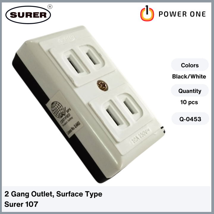 Surer 107 2 Gang Outlet, Surface Type (Black/White) (Box of 10pcs) (100 ...