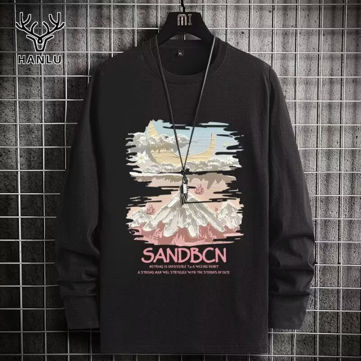 Hanlu เสื้อยืดแขนยาวพิมพ์ลายทรงหลวมสำหรับผู้ชายระบายอากาศที่สะดวกสบายคอ ...