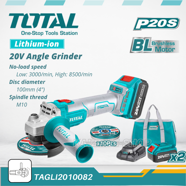 TOTAL TAGLI2010082 P20S 20V Li-ion Brushless Angle Grinder ...