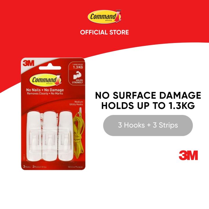 3M™ Command™ Medium Utility Hooks 17001-3, 3 Hooks + 3 Strips Holds up ...