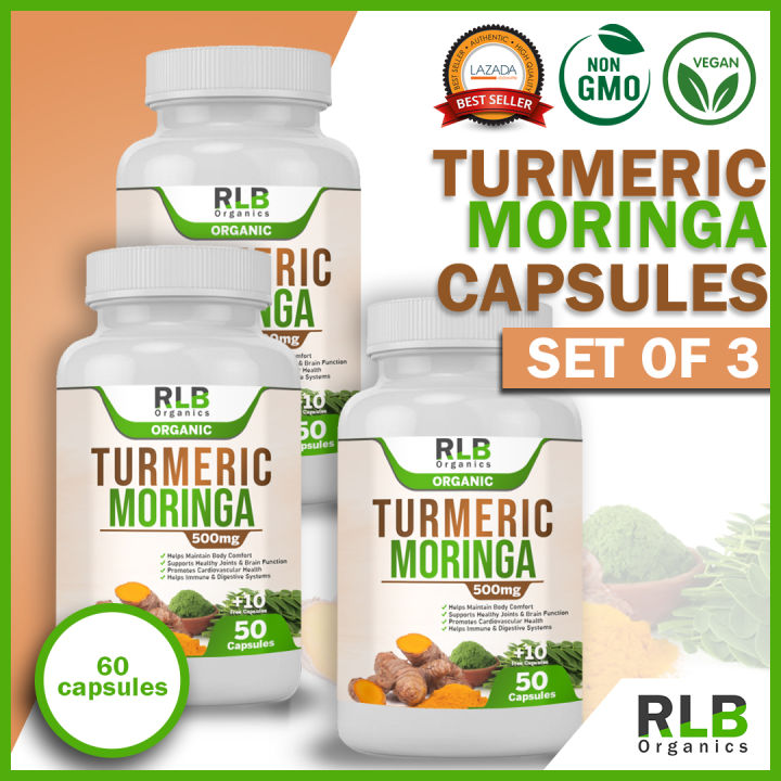Set of 3 - Organic Pure Natural Turmeric and Moringa Capsules (60 ...