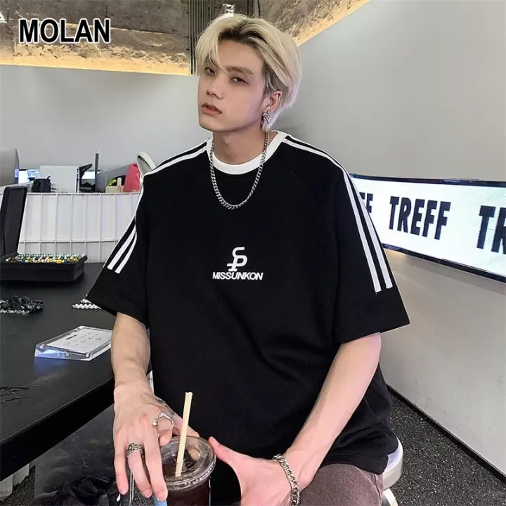 MOLAN เสื้อยืดแขนสั้นสำหรับผู้ชาย,เสื้อยืดแขนสั้นบางทรงหลวมสีตัดกันการ ...