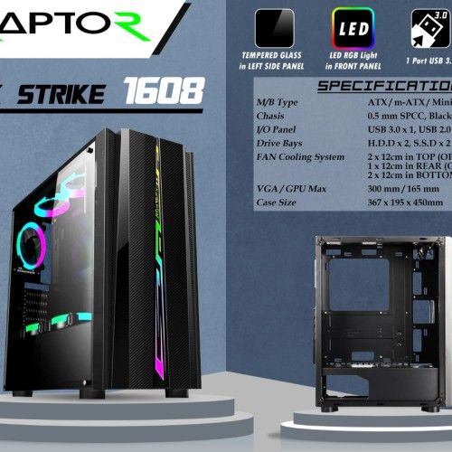 Casing Gaming PC RAPTOR Black Strike 1608 - Tempered Glass/LED RGB/ATX ...
