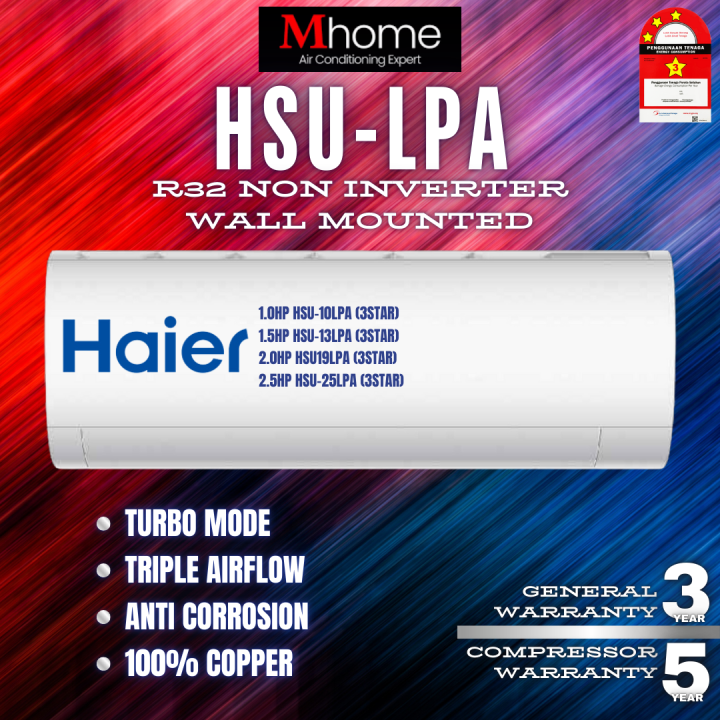 HAIER NON INVERTER WALL MOUNTED AIR CONDITIONER TURBO COOL PRO HSU-LPA R32 | Lazada