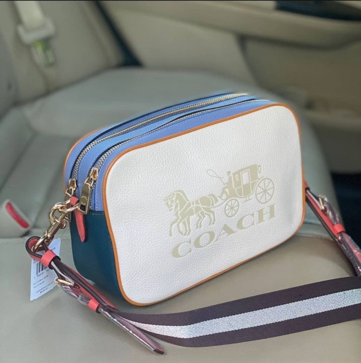 Coach 3041 Jes Crossbody Double Zip Bag in Chalk Peacock / Multicolor Colorblock Refined Pebble ...