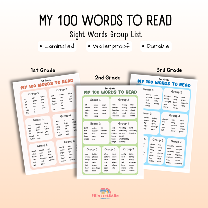 My 100 Words to Read Sight Words Group List - Laminated Reading ...