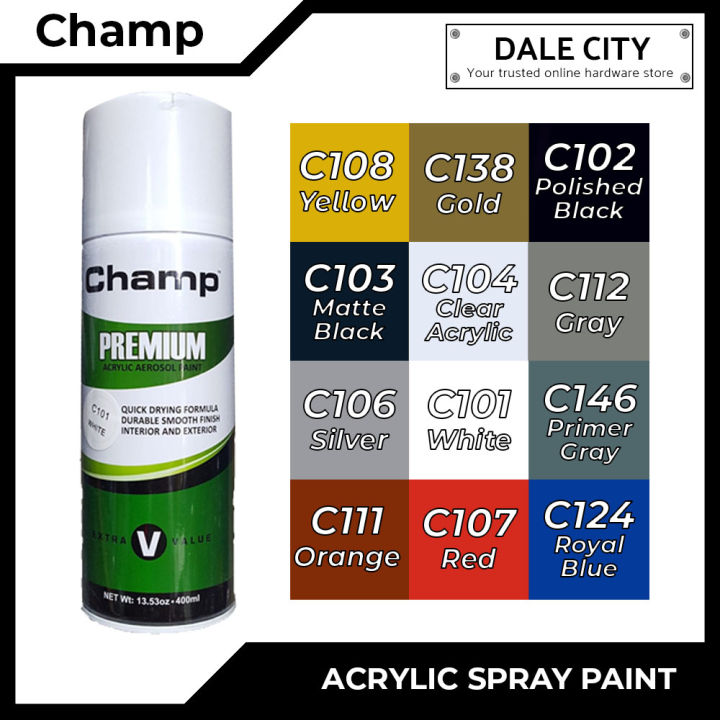 CHAMP Acrylic Spray Paint - Clear, White, Gray, Matte Black, Red ...