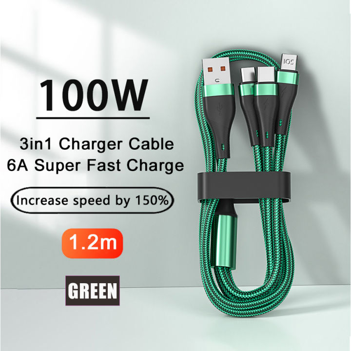 100W 6A Super Fast Charging Cable 3 In 1 Super Fast Charger Cable 6A 3 ...
