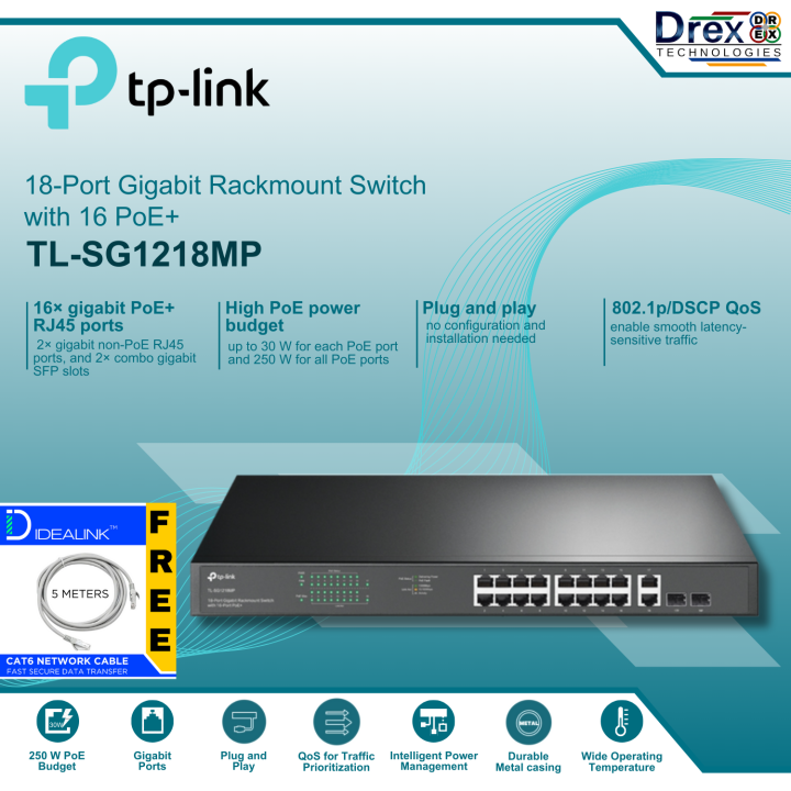 TP-LINK TL-SG1218MP 18-Port Gigabit Rackmount PoE Switch with 16 PoE+ ...