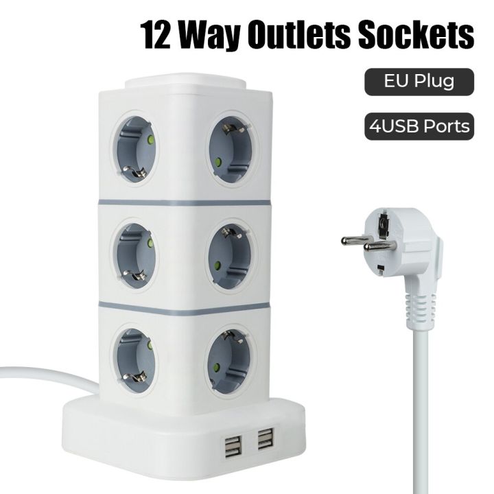 EU Plug 220V 10A With 4 USB Overload Protector Switch Tower 12 Way ...