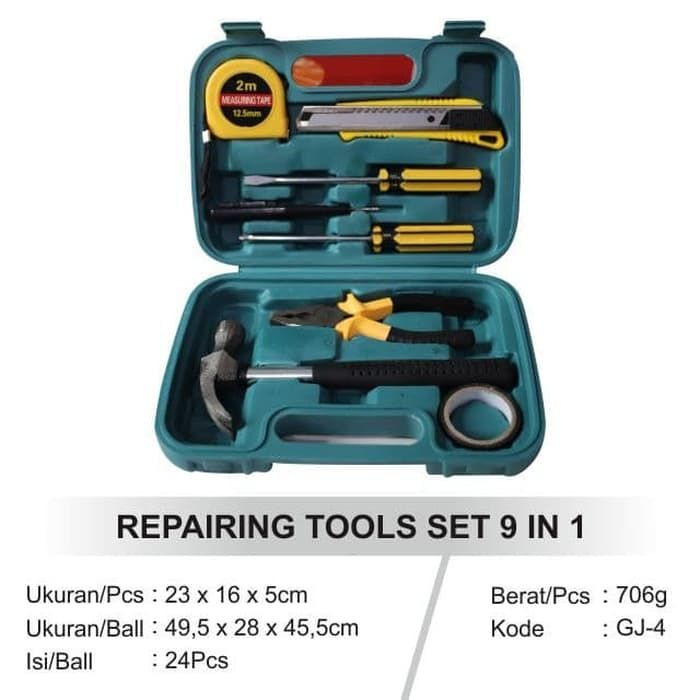 Hand tool kit set alat perkakas reparasi perbaikan tukang 9 in 1 Obeng ...