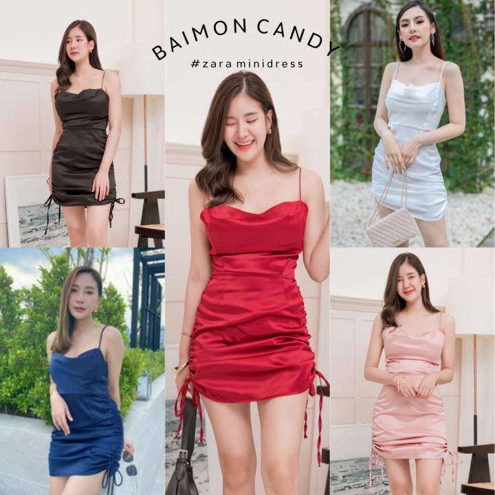 🕊Baimon store🕊เดรสสายเดี่ยว เดรสออกงาน เรียบหรูดูแพง ผ้าซาร่า สีเงา ใส่แล้วหรูหรา มินิเดรสซาติน ...