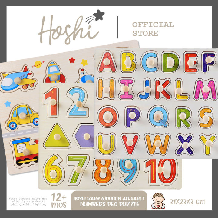 Hoshi Baby Wooden Alphabet Number Peg Puzzle Board, Montessori Wooden ...