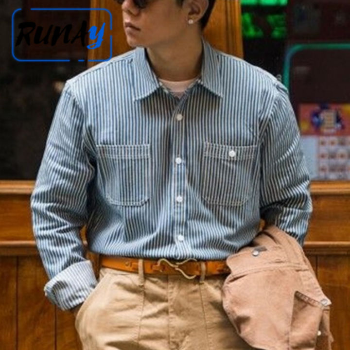 RUNAY สวมเสื้อทำงานวินเทจเสื้อเชิ้ตมีลายชายสีกากีแขนยาวเสื้อเชิ้ตมีลาย ...