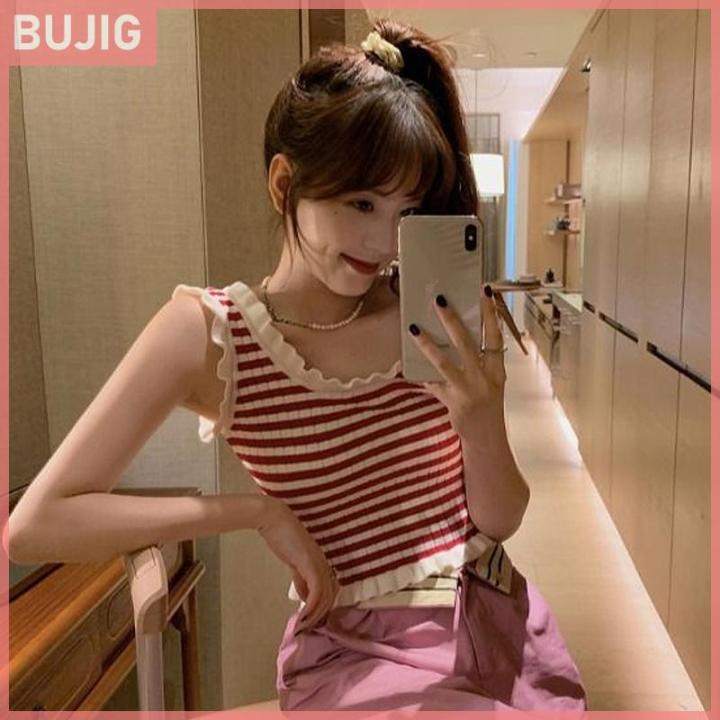 BUJIG เสื้อกั๊กถักแขนกุดคอกลมแต่งระบายลายหวานสำหรับผู้หญิงสำหรับฤดูร้อน ...