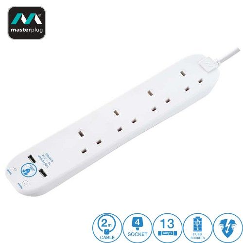 Masterplug 4 Gang 2 USB (2.1mAh) Surge Protector 2 Meter Extension Leads White SRGU42N-MPA | Lazada