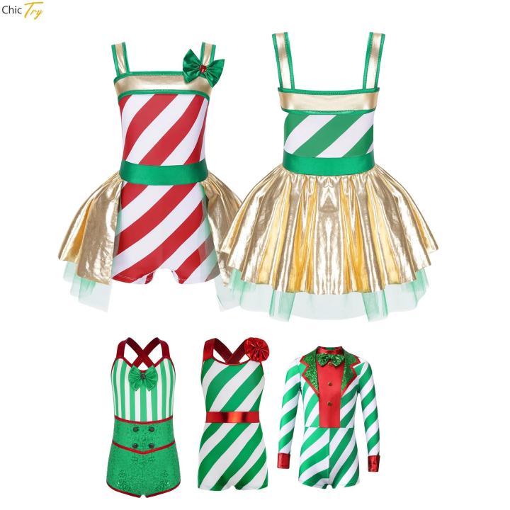 Kids Girls Christmas Dance Costumes Xmas Santa Elf Unitard Candy Cane ...
