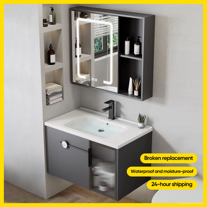60/80cm Grey Aluminum Bathroom Cabinet Basin Set Ceramic Sink ceramics ...