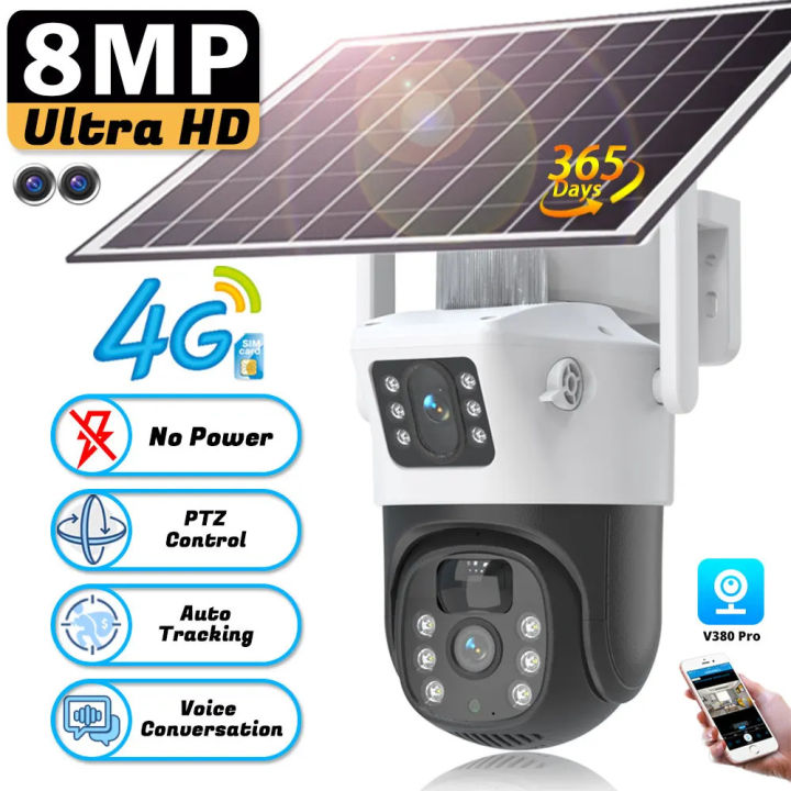 4K 8MP 4G Solar Camera Dual Lens Two Screens PIR Human Tracking Outdoor Wireless Security CCTV ...
