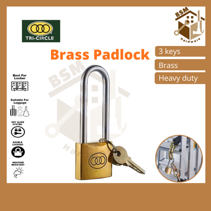 BSM Tri-Circle Brass Padlock 3 Key Long Shackle Heavy Duty Security Pad ...