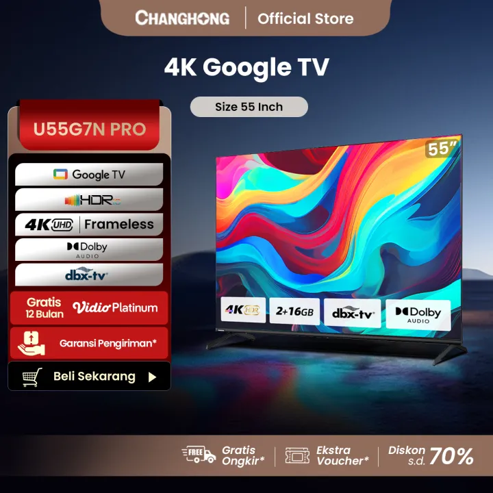 CHANGHONG GOOGLE TV 55 INCH ANDROID SMART TV 4K UHD-HDR10 DBX Dolby ...