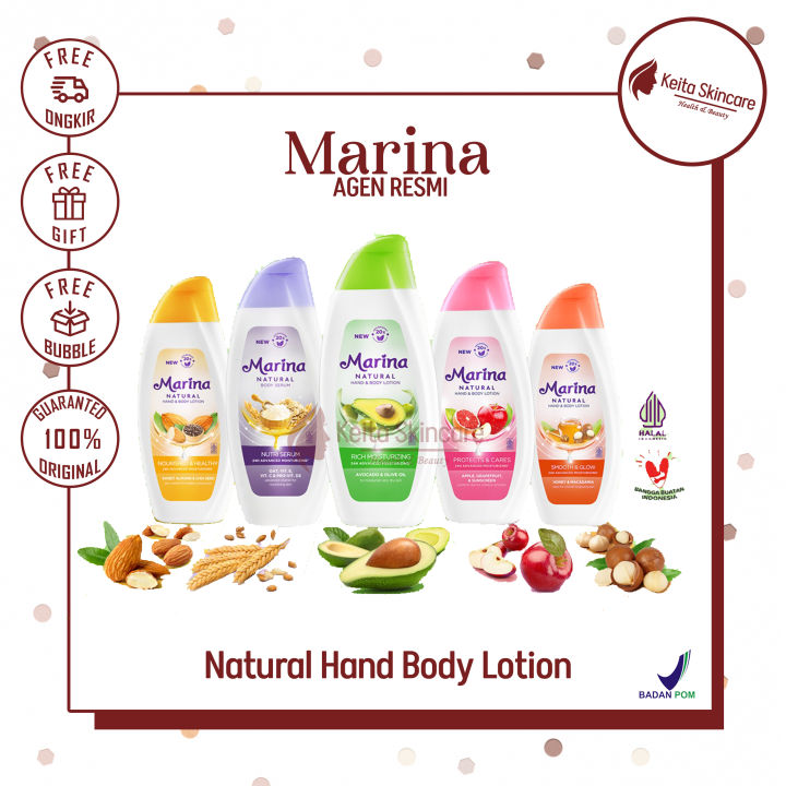 MARINA Natural Hand & Body Lotion 185ml 475ml 24H Moisturizing Pelembab ...
