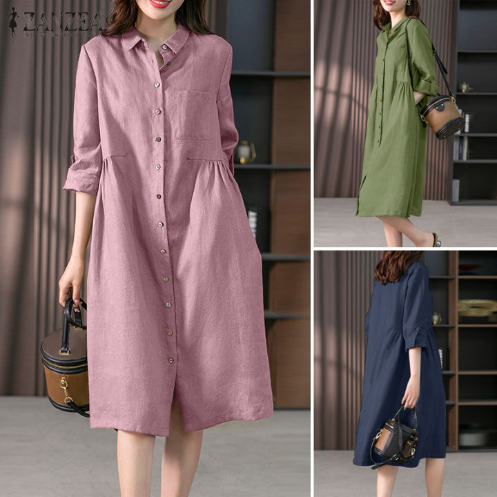 COD Esolo ZANZEA Women Long Sleeve Button Up Shirt Dress Casual A Line ...