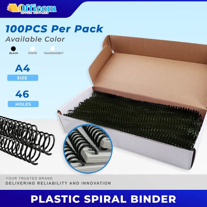 Officom 100pcs Spiral Plastic Binder 46 Holes A4 Spiral Coil Black/White Transparent for ...