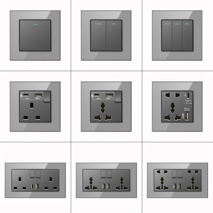 Grey Glass British 13a Socket Usb With Type C Fast Charging And Plugging Su Ying Standard Light