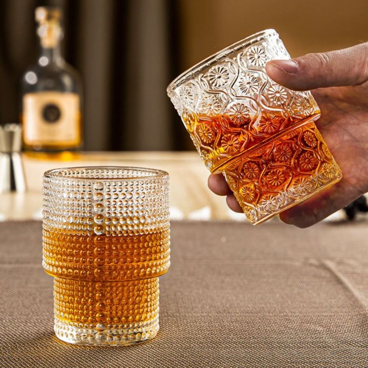 ENDOFF Thickened Vintage Glass Cup Transparent Embossed Patterns Whisky ...