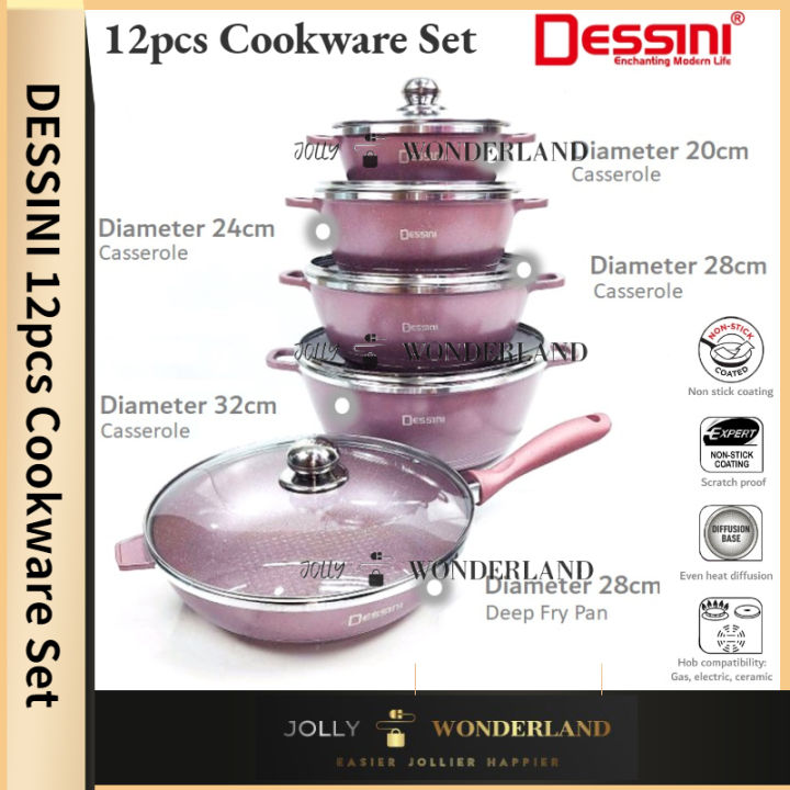DESSINI 12pcs Cookware Set Non Stick Deep Fry Pan Steamer Pot | Lazada