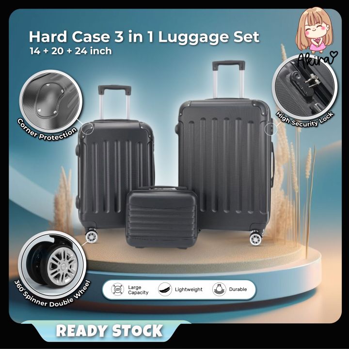 【READY STOCK】3 IN 1 Luggage Set (14"+20"+24") Plain Travel Luggage Bag ...