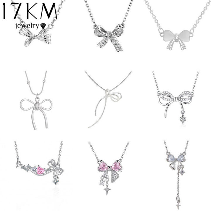 17KM สร้อยคอรูปหัวใจโบว์ง่ายสำหรับแฟชั่นสำหรับผู้หญิงโซ่เงินมุกคริสตัล ...
