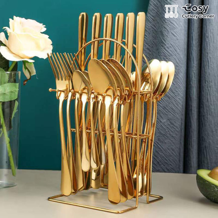 Premium Cutlery Rack Set Gold stainless steel cutlery set of 24 full ...