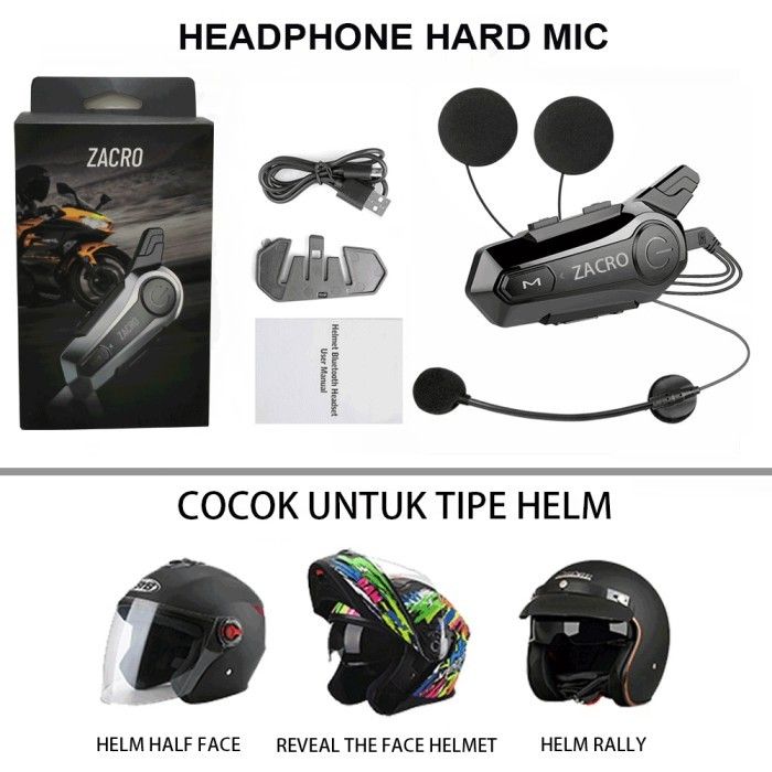 ZACRO E1 Intercom helm Bluetooth 5.0 FM Radio intercom dua arah - Hard ...