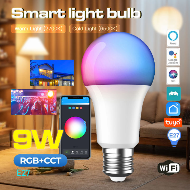 หลอดไฟอัจฉริยะ Tuya WiFi 9W/12w/15w/18w E27 หลอดไฟ LED Home Magic RGB+W เปลี่ยนสีหรี่แสงได้ IOS ...