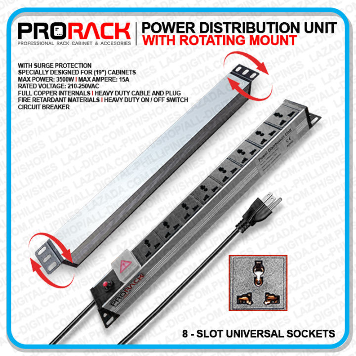 PRORACK Power Distribution Unit with Rotating Mount (PDU) for Data Cabinet Rack High Quality 8 ...