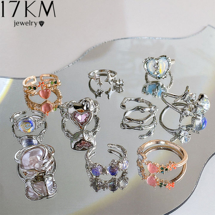 17KM Kpop Retro Gothic Silver Color Heart Metal Ring For Women Girls Vintage Y2k Crystal Open ...