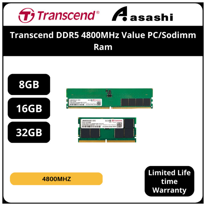 Transcend DDR5 8GB / 16GB / 32GB 4800MHz Value PC/Sodimm Ram | Lazada