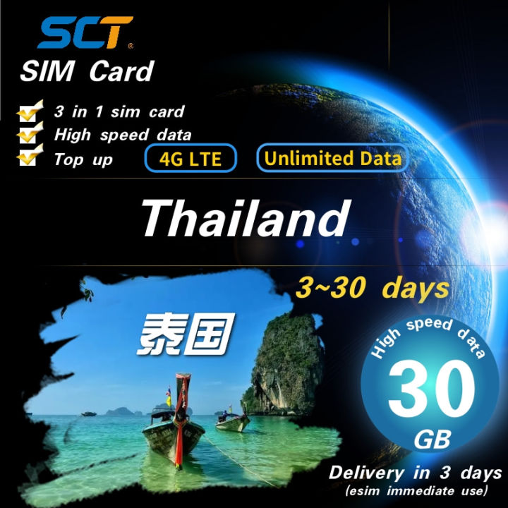3~30 days Thailand Travel Sim Card Unlimited Data 【30GB High speed data + Unlimited 128kbps】 4G ...