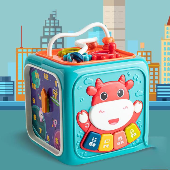 Hộp âm nhạc đa năng Bò Cute cho bé có 6 mặt kết hợp thả hình khối, nhạc ...