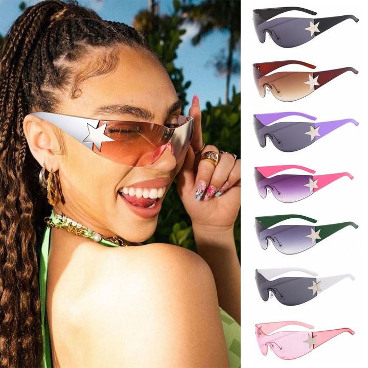Rimless Y2K Sunglasses for Women Men Trendy 2000'S Wrap Around Sun ...