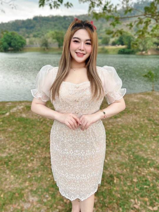 Suksan shop ชุดสาวอวบ สาวอ้วน เดรสลูกไม้แขนแก้ว สม้อคซิปหลัง | Lazada.co.th