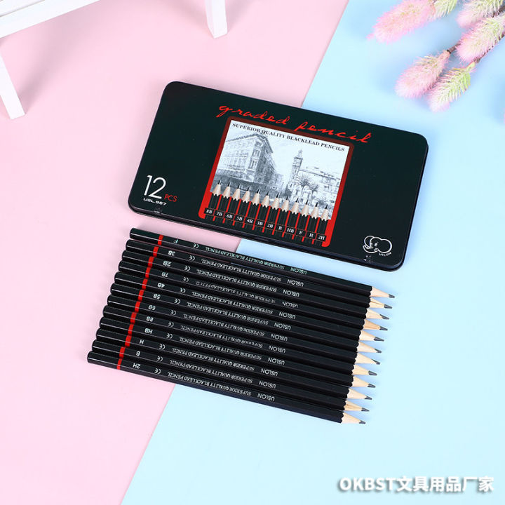 12 Pcs Sketching Pencil Set 2H-8B Set Iron Box Painting Drawing | Lazada PH