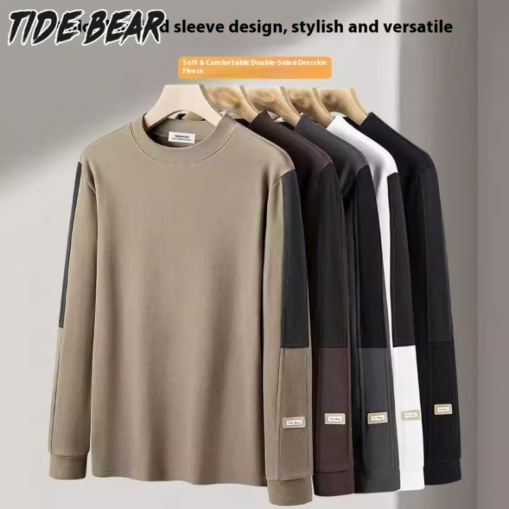 TIDE BEAR เสื้อยืดแขนยาวกันความร้อนของผู้ชายที่มีดีไซน์บล็อกสีขนแกะสอง ...