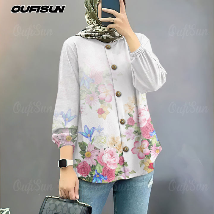 Muslimah Women Muslim Puff Long Sleeve O-Neck Blouse Vintage Floral ...